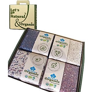 Organic Thai Jasmine Rice Gift Set - 4 Kinds of Rice - Brown Jasmine - Red Jasmine - Black Jasmine Riceberry - Mixed Jasmine Rice - 4 LB Let's Go