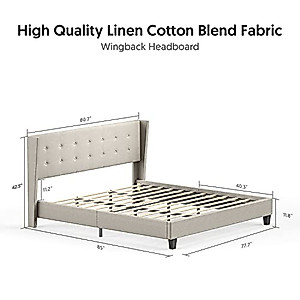 BONSOIR Bed Frame Upholstered Traditional Low Profile Platform with Wing Back Headboard/No Box Spring Needed/No Bed Skirt Needed/Linen Fabric Upholstery/Sand (Sand, King Size)