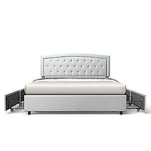 BONSOIR Queen Size Storage Bed Frame Upholstered Low Profile Traditional Platform with Tufted and Nail Headboard