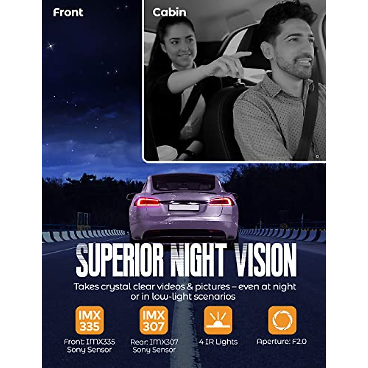 Dual Dash Cam, Dash Cam 2K Front and 1080P Cabin Dash Camera, 2.5K 2560x1440P@60fps Single Front, Dual Sensor, Infrared Night Vision, App Control, 24hr Parking Mode, Built-in GPS, VD009