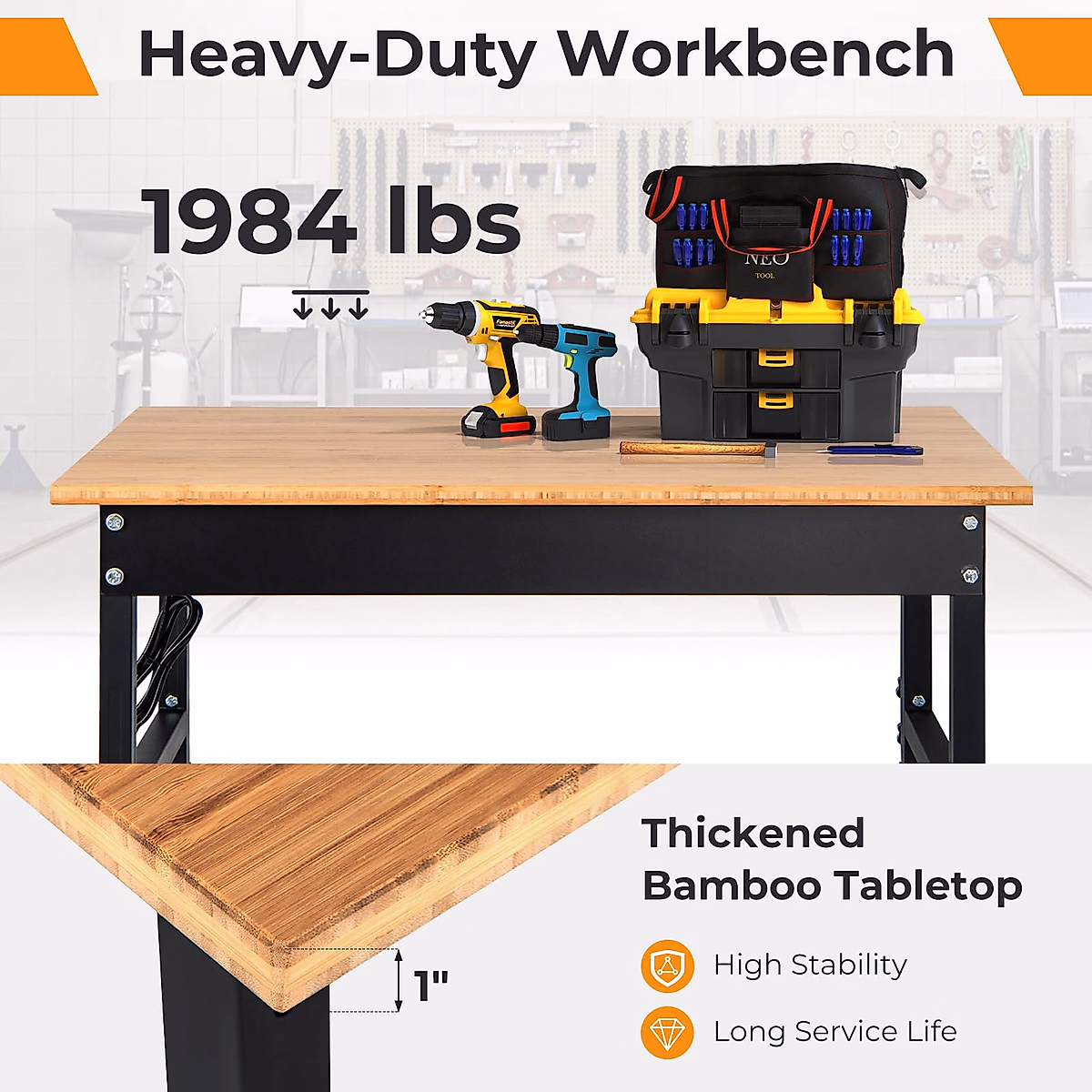 Goplus Work Bench, 48” Mobile Work Table with Power Outlet, Removable Wheels & Foot Pads, Bamboo Wood Top,1984LBS Capacity,Heavy Duty Tool Bench, Adjustable Rolling Workbench for Garage Home Workshop