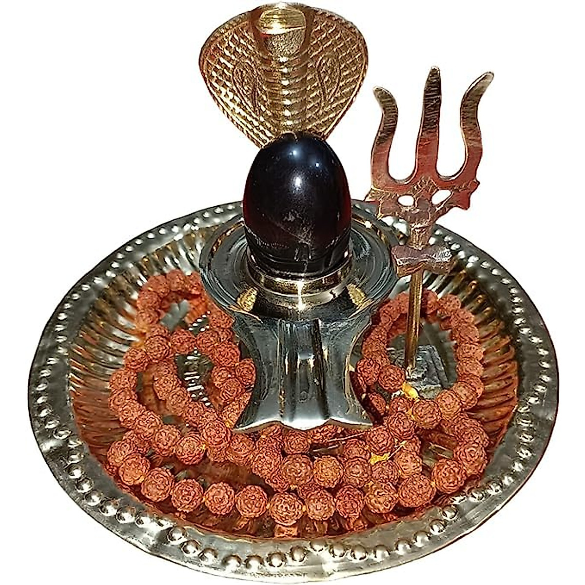 Shaligram Shiva Ling Lingam Shivling Naaga Brass Stand(Thali tirshul 3inch) Shiv Plate Rudraksha mala 108 Stone 6mm