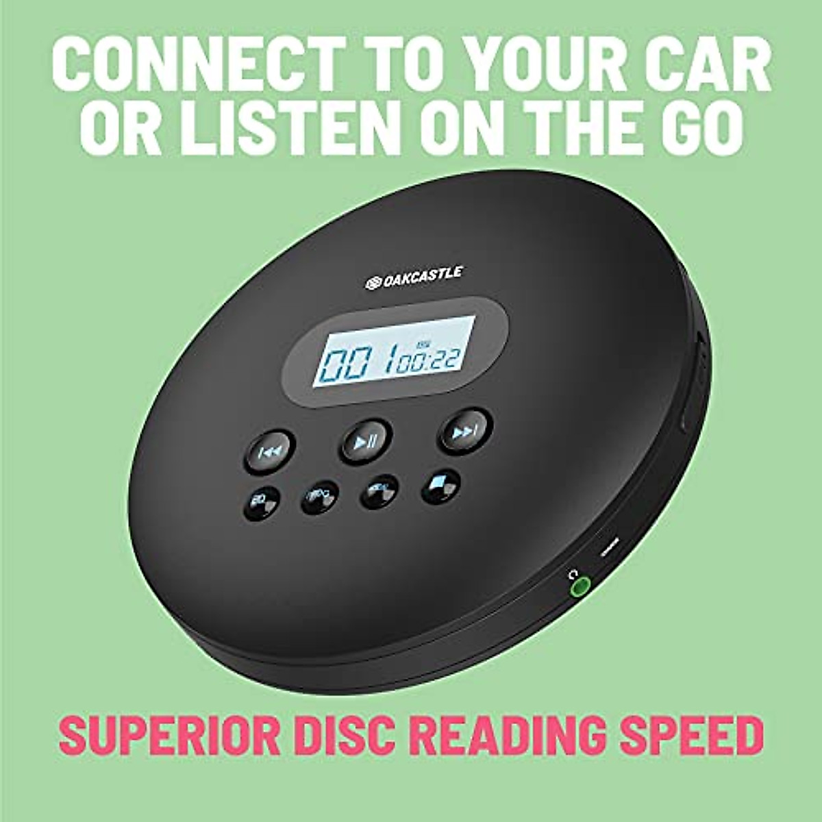 Oakcastle CD100 Rechargeable Bluetooth CD Player | 12hr Portable Playtime | in Car Compatible Personal CD Player | Headphones Included, AUX Output, Anti-Skip Protection, Custom EQ Modes, CD Walkman