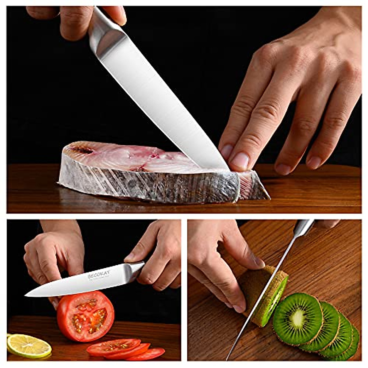 BECOKAY Kitchen Utility Knife - 5 inch Petty Knife with Sheath - Sharp High Carbon German Stainless Steel Cutting Engraving Knife - Suitable for Meat, Fruit Peeling Knife - Ergonomic Handle Design