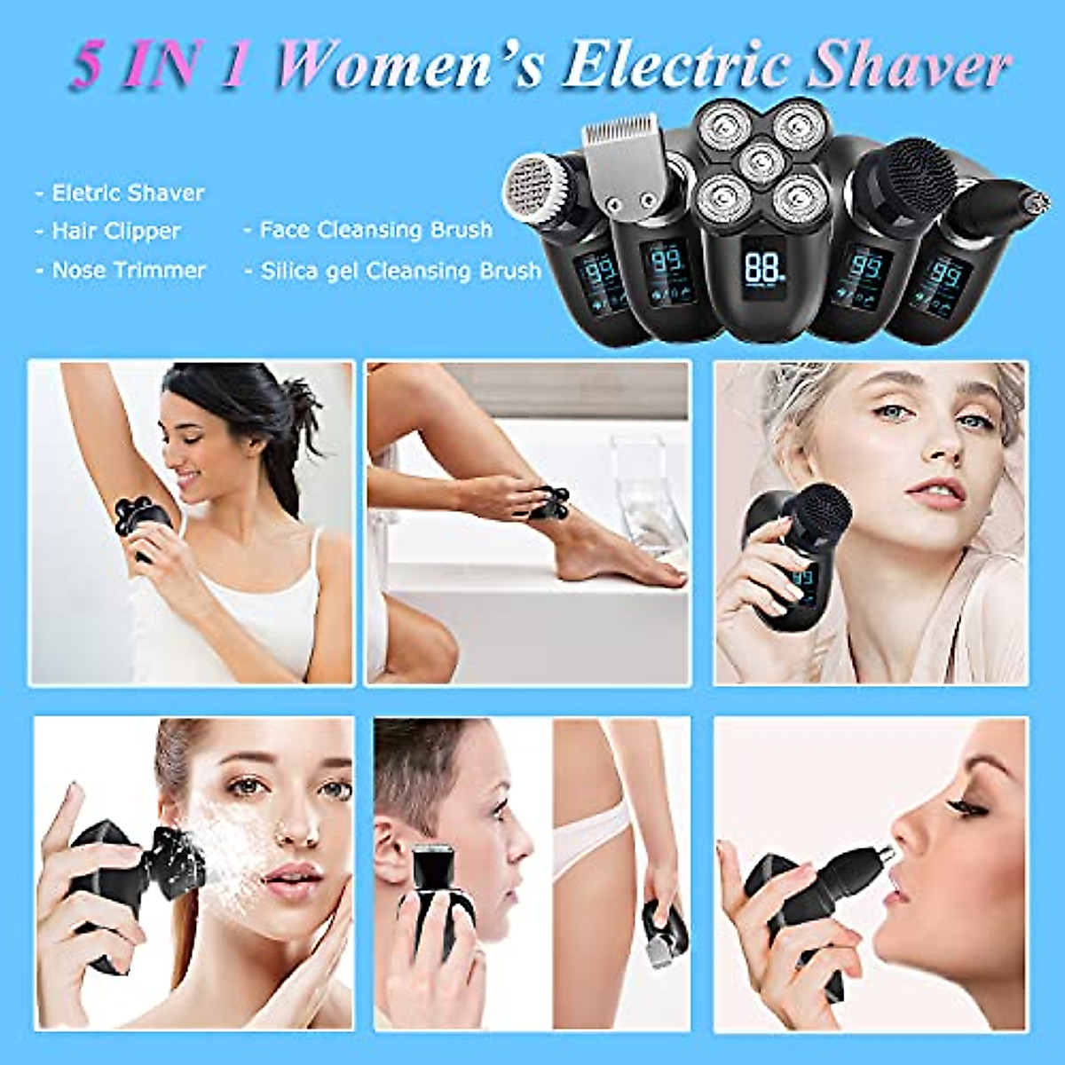 5-in-1 Electric Razors for Women, Wet/Dry 5D Women Razor & Hair Trimmer with USB Adapter & Charging Cable,5D Rechargeable Rotary Shaver with Lithium-Ion Battery, Water Resistant Grooming Kit