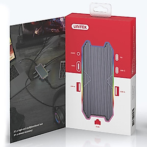 Unitek D1029A - uHUB S7+ 7-in-1 USB-C Hub with 10Gbps Data, HDMI and PD 100W / HDMI 2.0, USB 3.2 Gen 2 / Active/USB-C / 2X USB-A Port / 2X USB-C Port/Mini Jack 3.5 mm/RGB LED Lights