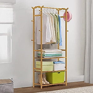 MoNiBloom Freestanding Garment Rack with Shelves and Hooks, Bamboo Tall 3 Tiers Clothes Racks Clothing Storage Shelving Unit for Bedroom Laundry Room Guest Room, Natural