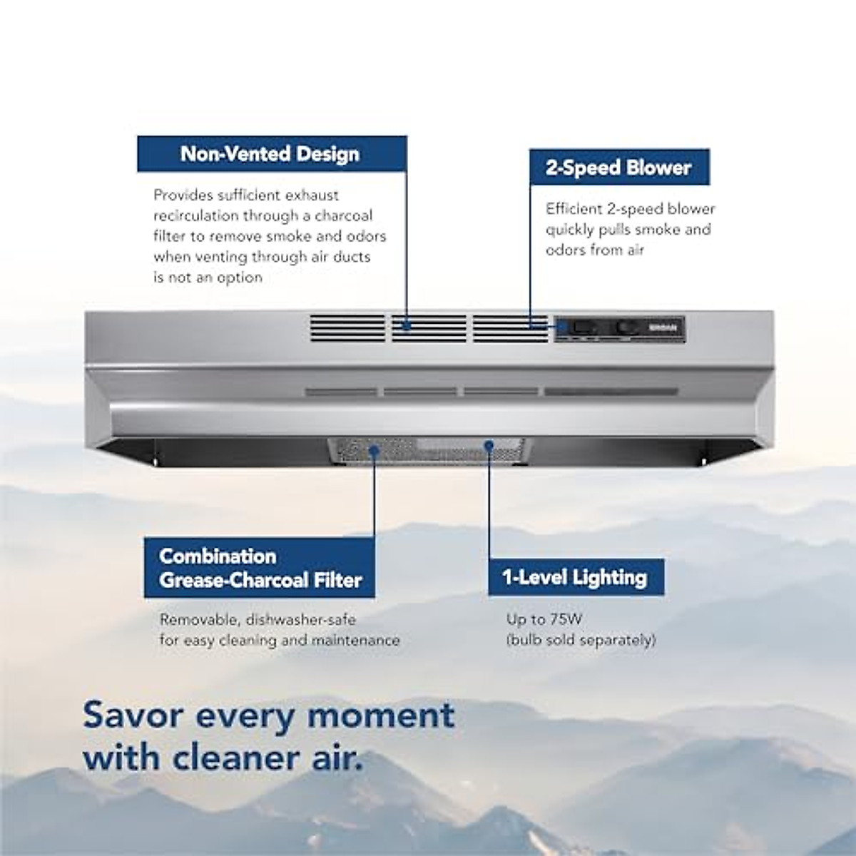 Broan-NuTone 4130SF Fingerprint Resistant Ductless Under-Cabinet Range Hood, 30-Inch, Stainless Finish with Print Guard