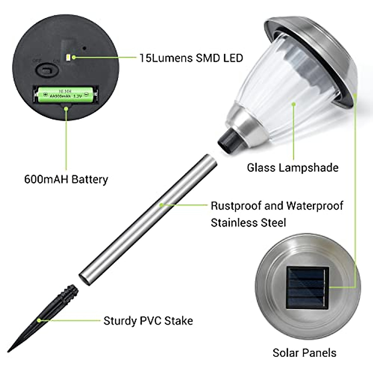 Glass Solar Lights Outdoor Waterproof - 8 Pack Solar Garden Pathway Lights Auto On/Off, Decorative Stainless Steel Landscape Lighting for Patio Lawn Yard Walkway Driveway Decoration