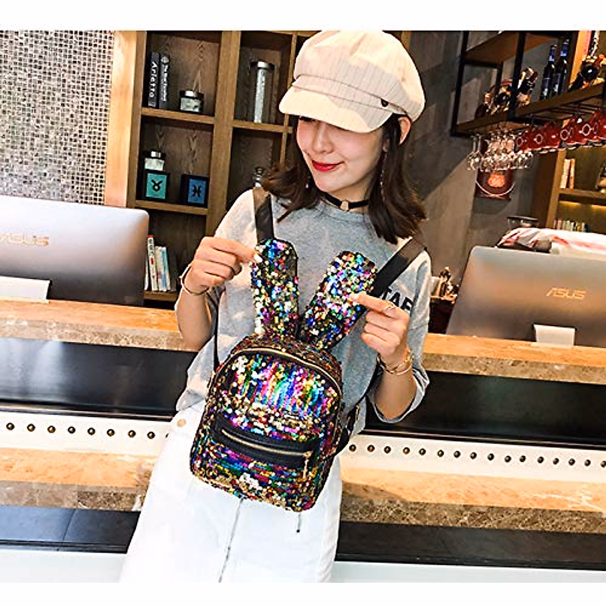 Gulilasa Shoulder Bag For Women With Cute Rabbit Ears Backpack Sequins Shoulder Bag Travel Day pack(Colors)