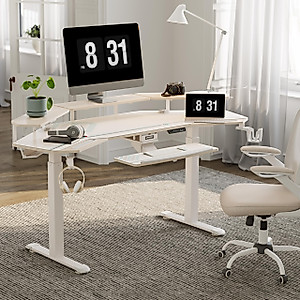 EUREKA ERGONOMIC Standing Desk with Keyboard Tray, Gaming Desk, Wing Shaped Sit Stand Desk 72'' Large Music Studio Desk, LED Convertible Shelves, Dual Motor&Slot, Maple, X-Large (ES71)