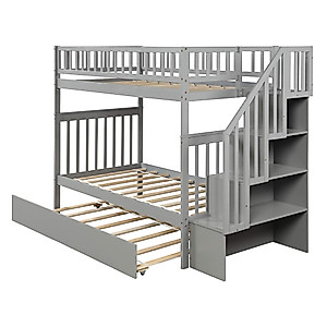 Merax Twin Over Twin Bunk Bed with Trundle, Storage Staircase and Full Length Guardrail, Solid Wood Stairway Bunk Bed, No Spring Box Needed (Grey)