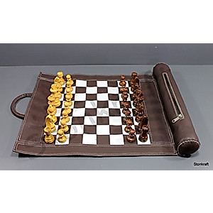 StonKraft - 19" x 15" (Chess Board Size 12" x 12") Roll-Up Leather Chess Set with Wooden Chess Pieces - Brown | Comes with Innovative Carry Pouch