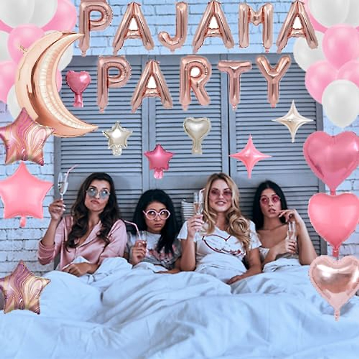 44 Pieces PAJAMA PARTY Balloons Rose Gold Moon Star Heart Aluminum Foil Balloons Pink Latex Balloons for Girls Women Slumber Party Sleepover Birthday Party Spa Party Decoration (Rose gold)