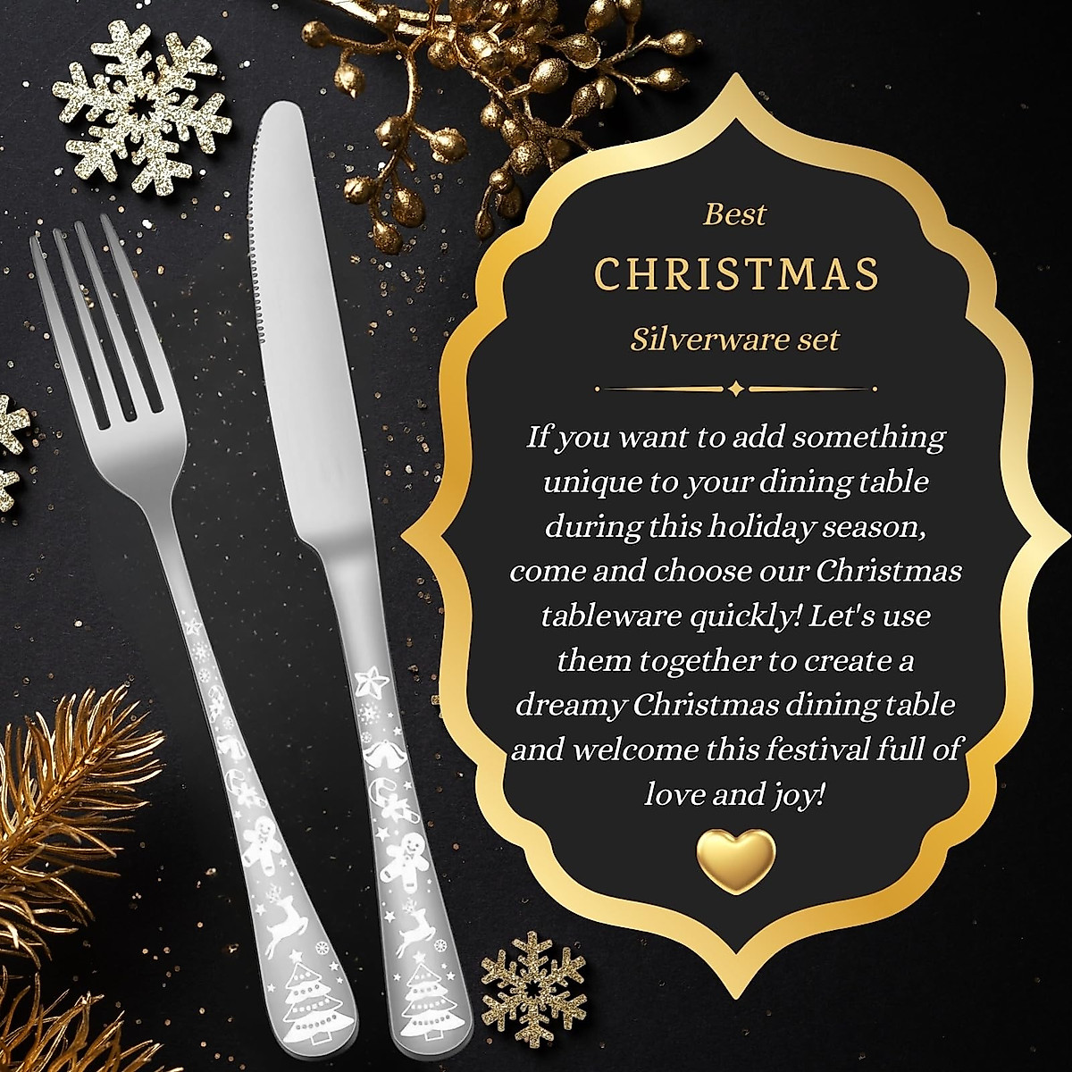 Vilihkc 20 Piece Stainless Steel Christmas Style Silverware Set Flatware Set Kitchen Utensil Set Service for 4 Tableware Cutlery Set for Home and Restaurant Dishwasher Safe