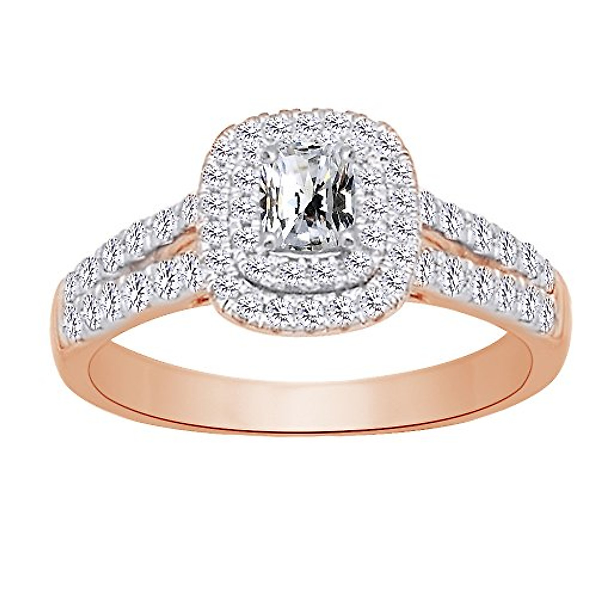 AFFY Cushion Shape Split Shank Double Halo Engagement Wedding Ring In 14k Rose Gold With 0.62 cttw White Natural Diamond With Ring Size 5