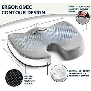 ComfiLife Premium Comfort Seat Cushion - Non-Slip Orthopedic 100% Memory Foam Coccyx Cushion for Tailbone Pain - Cushion for Office Chair Car Seat - Back Pain & Sciatica Relief (Gray)