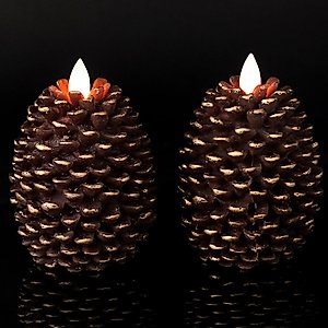 Wondise Flameless Candles with Timer, Battery Operated Flickering Wick Real Wax Pine Cone Candles for Holiday Indoor Decoration, Set of 2, Brown(D3.5 x H4.7 Inch)