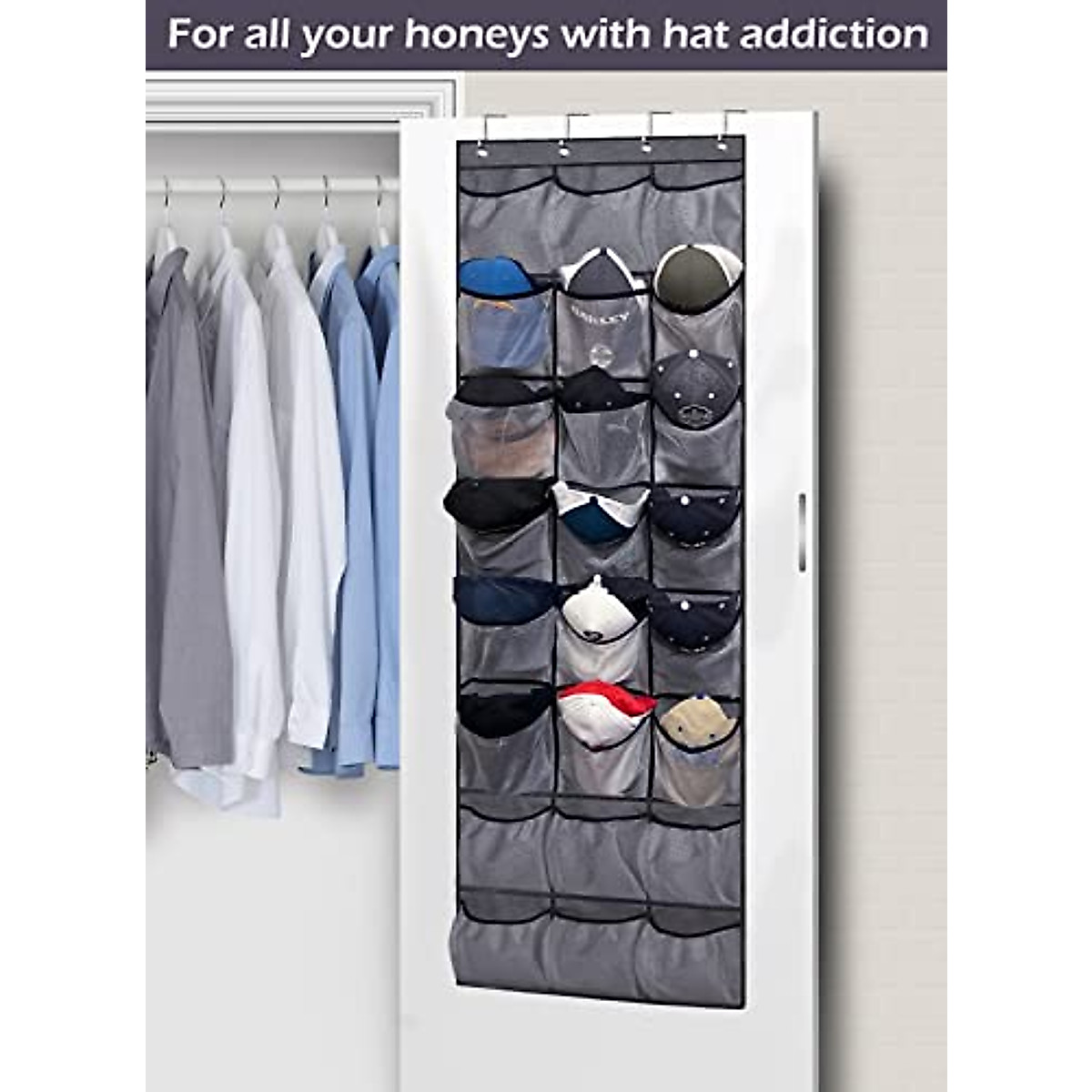 KEETDY 24 Baseball Hat Rack for Door Large Hat Organizer for Baseball Caps with Elastic Pockets Caps Holder Protect and Display Hat Storage