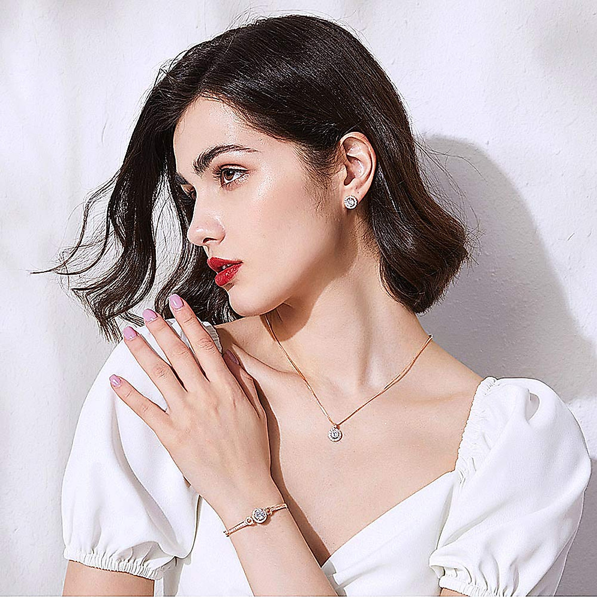 YooAi Jewellery Set Round Pendant Necklace Earrings and Bracelet Set Cubic Zirconia Jewellery for Women Round Rose Gold