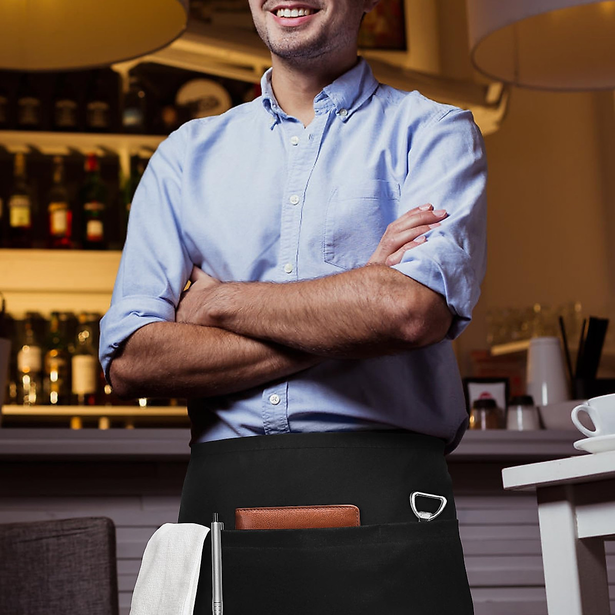 NLUS 3 Pack Server Aprons with 3 Pockets, Water Oil Stain Resistant Waitress Waiter Apron Black Waist Aprons Bistro Apron for Women Men, 24 X 12 inch