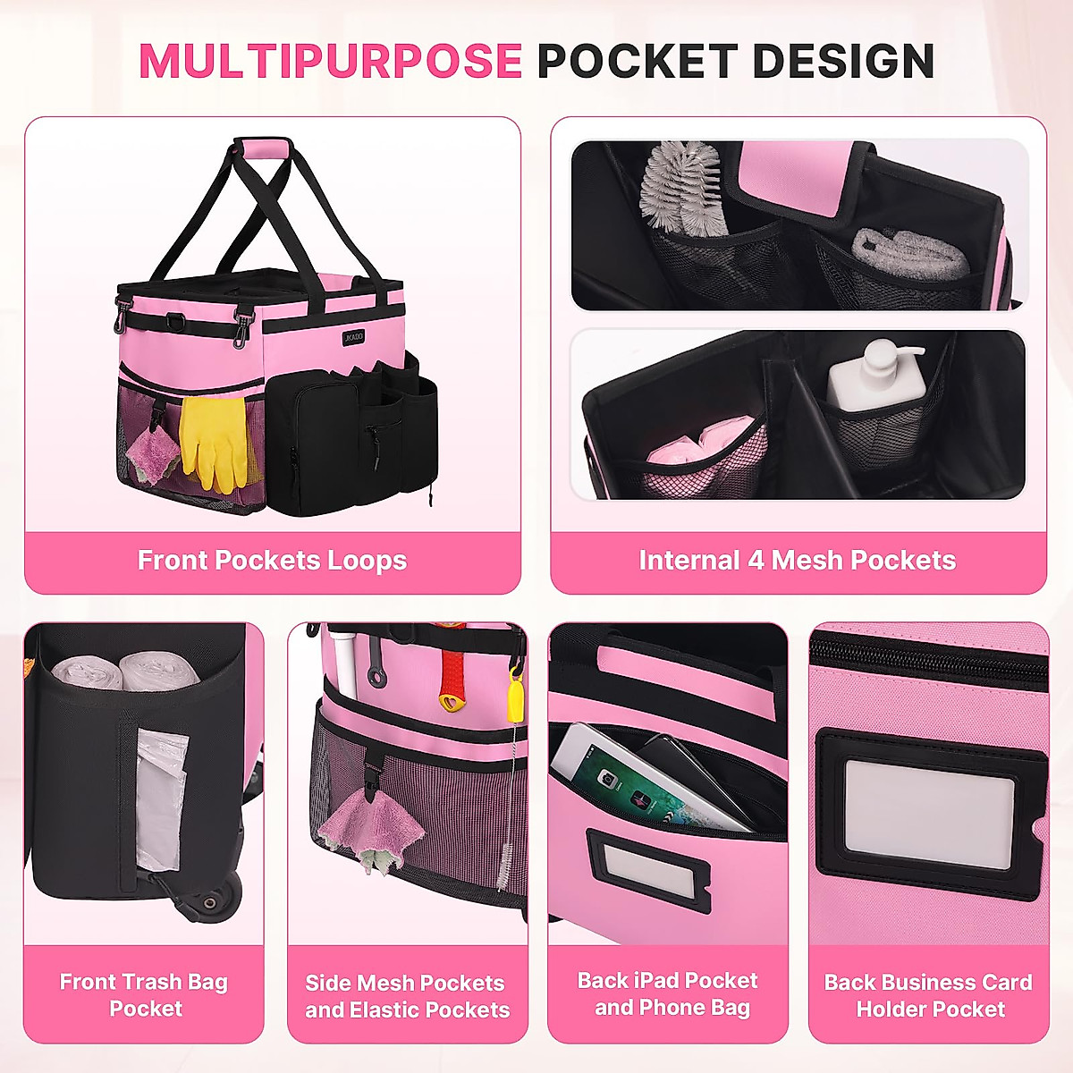 JKAOO Large Rolling Cleaning Caddy Bag with Detachable Trolley, Waterproof Cleaning Caddy on Wheels for Housekeepers, Cleaning Cart Supplies Organizer for Home,Car,Office,Picnic (Pink) (in Patent)