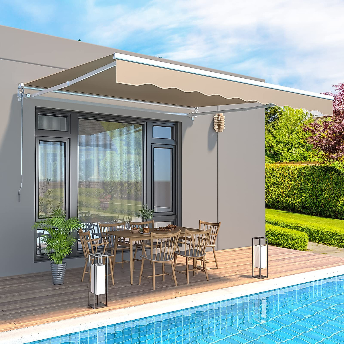 AECOJOY 10'×8' Manual Retractable Awning Sun Shade Patio Awning Cover Outdoor Patio Canopy Sunsetter Deck Awnings with Manual Crank Handle, Beige