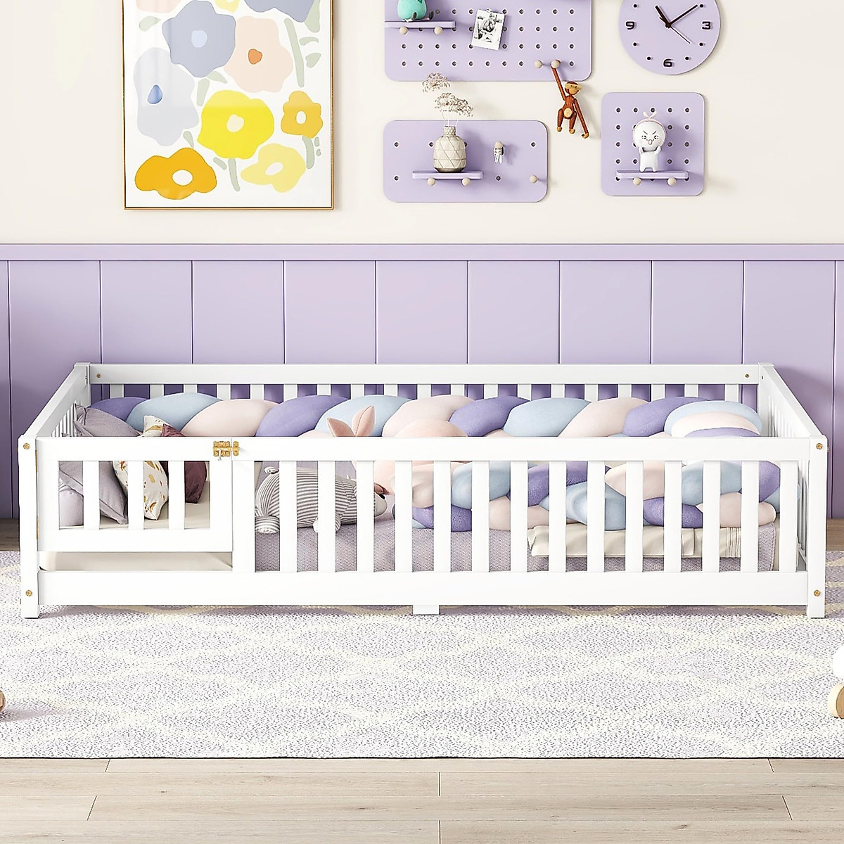 CITYLIGHT Full Size Floor Bed with Rails, Wood Montessori Floor Bed Full with Support Slats, Kids Full Bed Frame with Door Design for Boys,Girls, White