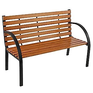 Veryke 48'' 2-Person Outdoor Patio Garden Bench, Weather Proof Porch Path Chair Slat Chair with Metal Frame and Wooden Armrest for Porch, Balcony, Entryway, Patio, Backyard - Natural Color