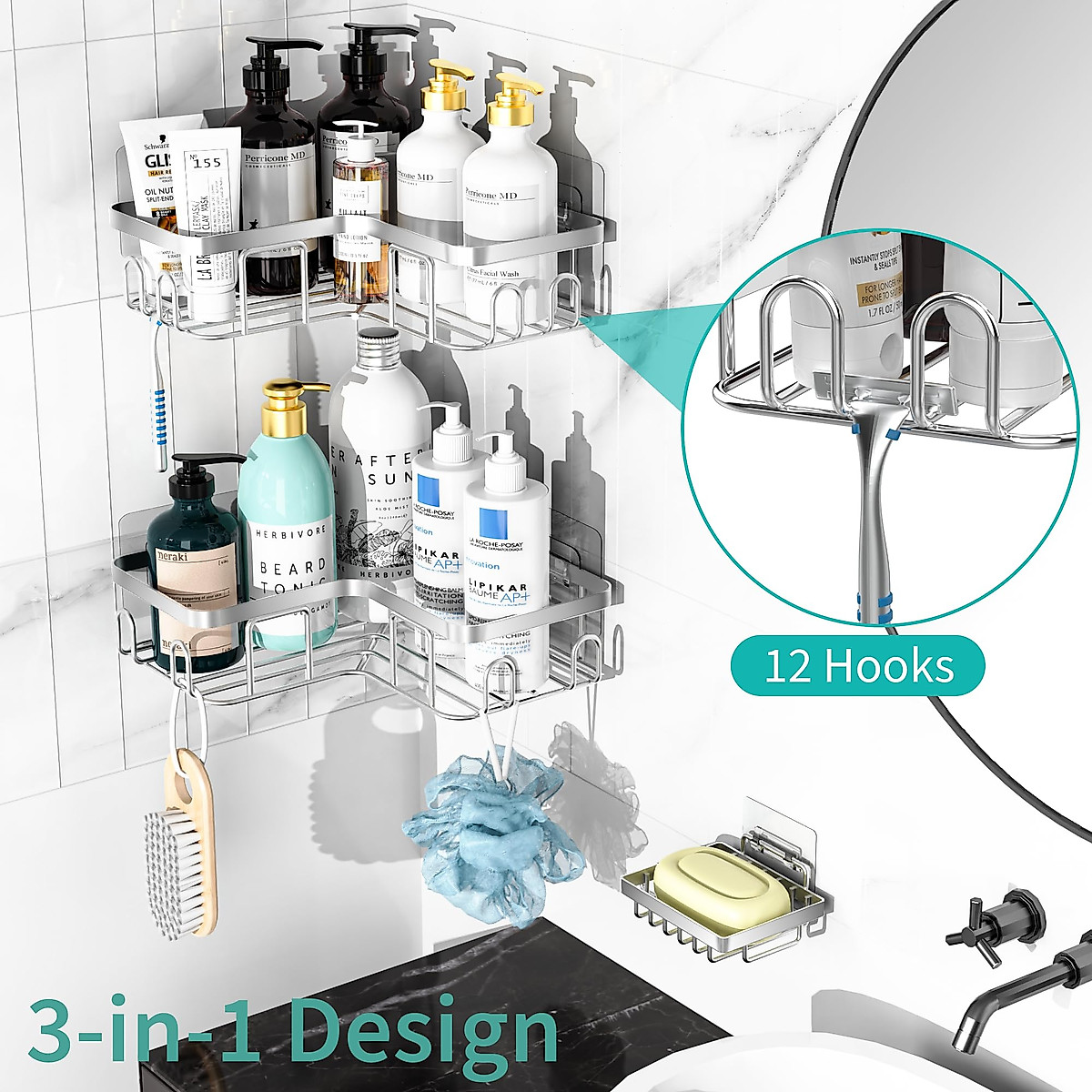 Moforoco Corner Shower Caddy - 3 Pack Shower Organizer with Soap Holder and 12 Hooks, Adhesive Shelves Rustproof for Bathroom, Silver
