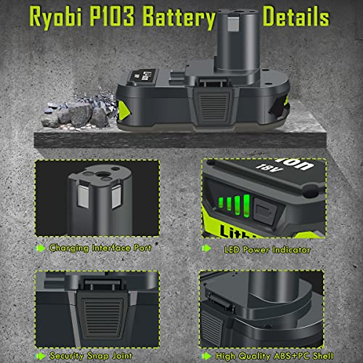 BATINO 2 Pack 4.0Ah P103 18V Replacement Battery for Ryobi 18 Volt ONE+ Lithium ion Battery P102 P104 P105 P107 P108 P109 P190 Compatible with Ryobi 18 Volt Cordless Power Tools