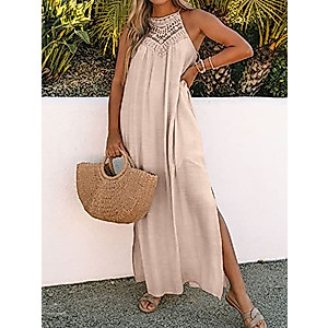 FARORO Womens Long Dress Sleeveless Boho Casual Dresses Lace Casual Halter Gown Split Loose Cover Up Halter Maxi Sundress Apricot