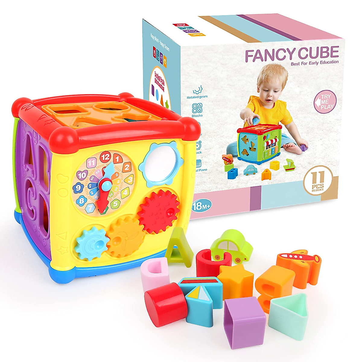 Baby Activity Cube 6-in-1 Musical Baby Learning Toys Including Letters Cognition Shape Sorter Piano Keys Interesting Multi-Functional Learning Activity Cube Best Gift for Boys Girls Aged 1 2 3