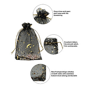 Jexila 100PCS Black Organza Bags 4X6 with Drawstring Jewelry Bags Small Moon Star Mesh Bags for Wedding Party Favor Candy Bags