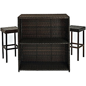 Crosley Furniture Palm Harbor 3-Piece Wicker Outdoor Bar Set with Two Stools for Backyard, Patio, Deck, Balcony, Brown