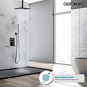 gotonovo Ceiling Mount Shower Faucet Set Matte Black 12 Inch Square Showerhead Bathroom Rainfall Shower System Stainless Steel Shower Trim Kit 2 in 1 Cylindrical Handheld shower with Rough-in Valve