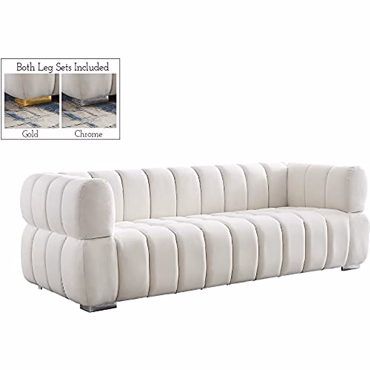 Meridian Furniture Gwen Collection Velvet Upholstered Sofa with Deep Biscuit Tufting, Cream