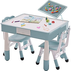 DOREROOM 4 in 1 Kids Table and 2 Chairs Set with Storage, Toddler Table and Chair Set for Kids Ages 3-10, Graffiti & Building Blocks Double-Sided Tabletop (Grayish Blue, 2 Chairs)