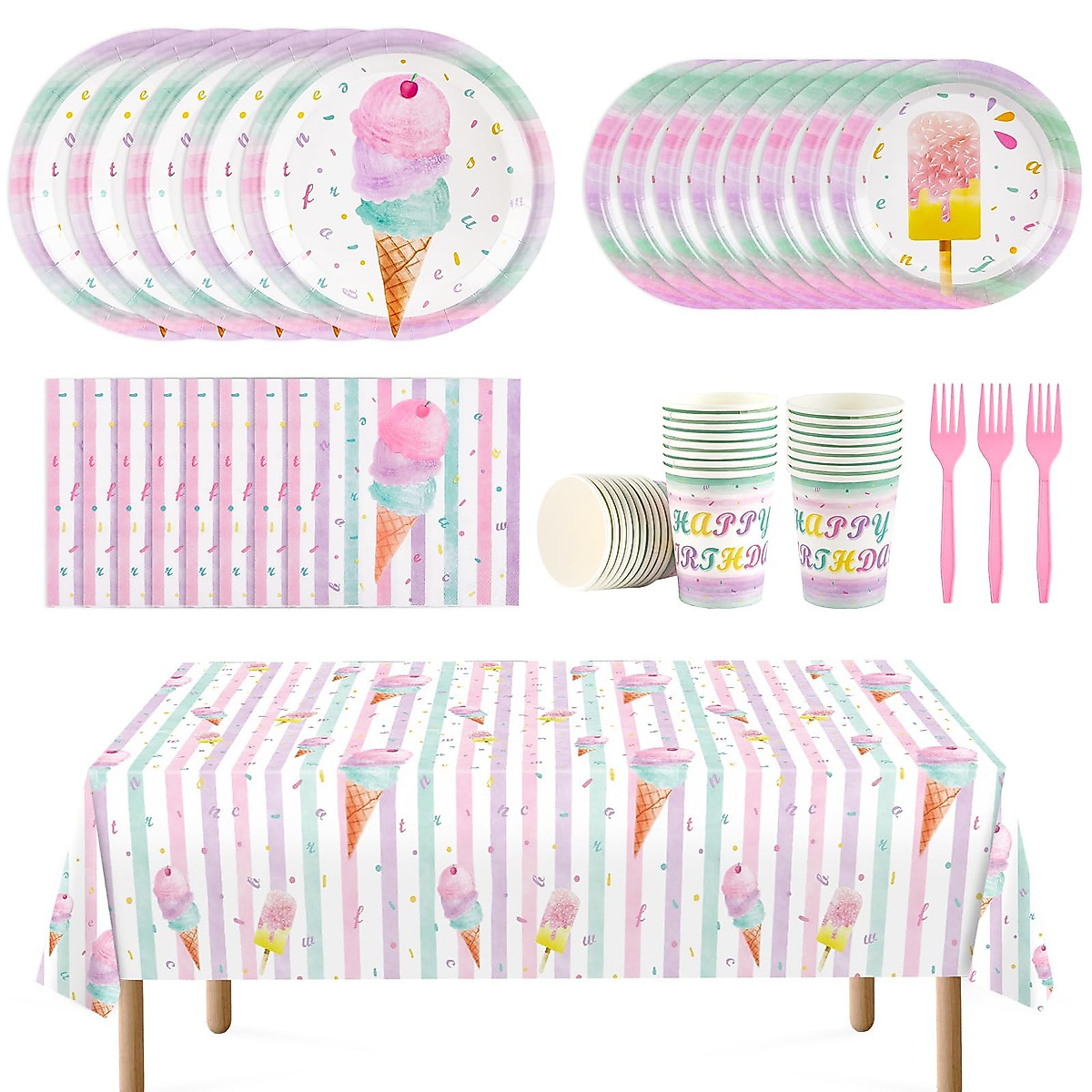 Ice Cream Party Supplies Set - Ice Cream Popsicle Party Tableware for Girls Kids Birthday Baby Shower Disposable Tablecloth Plates Paper Cups Napkins Cutlery Bag Utensils Serves 16 Guests 130PCS