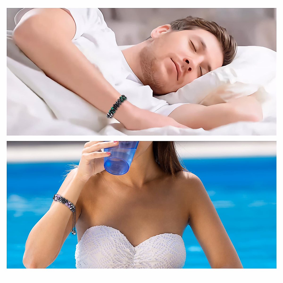 2 Pack Couple Bracelets, Evil Eye Triple Protection Natural Tiger Eye Hematite Black Agate Amethyst Healing Crystal Bracelet Bring Luck Prosperity, 8mm Beads Bracelet for Men and Women