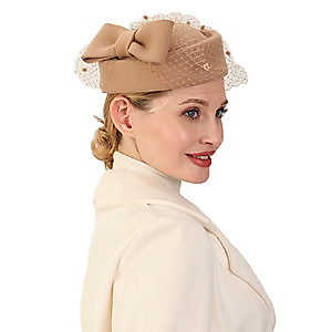 ORIDOOR British Style Pillbox Hat Women Church Wedding Winter Vintage Fascinator Beret 100% Wool Felt Hat with Veil (001 Khaki) …