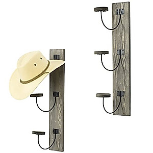 MyGift Wall Mounted Black Metal Wire Vertical Hat Display Rack with Vintage Gray Solid Wood Backing, Wall Baseball Cap Display, Entryway Hat and Coat Storage Hooks, Set of 2