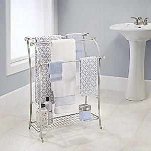 mDesign Large Standing Metal Bathroom Towel Holder Stand with Shelf - 3-Tier Towel Rack Stand for Hanging Bath, Hand, and Fingertip Towels - Towel Stand for Bathroom - Hyde Collection - Matte Satin