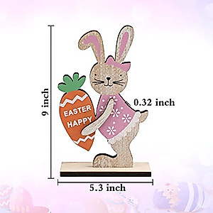 Easter Decorations for the Home 2 Pcs Wooden Easter Bunny Table Decorations Happy Easter Wooden Table Signs with Eggs Carrots for Table Living Room Office Farmhouse Spring Party Holiday Home Decor