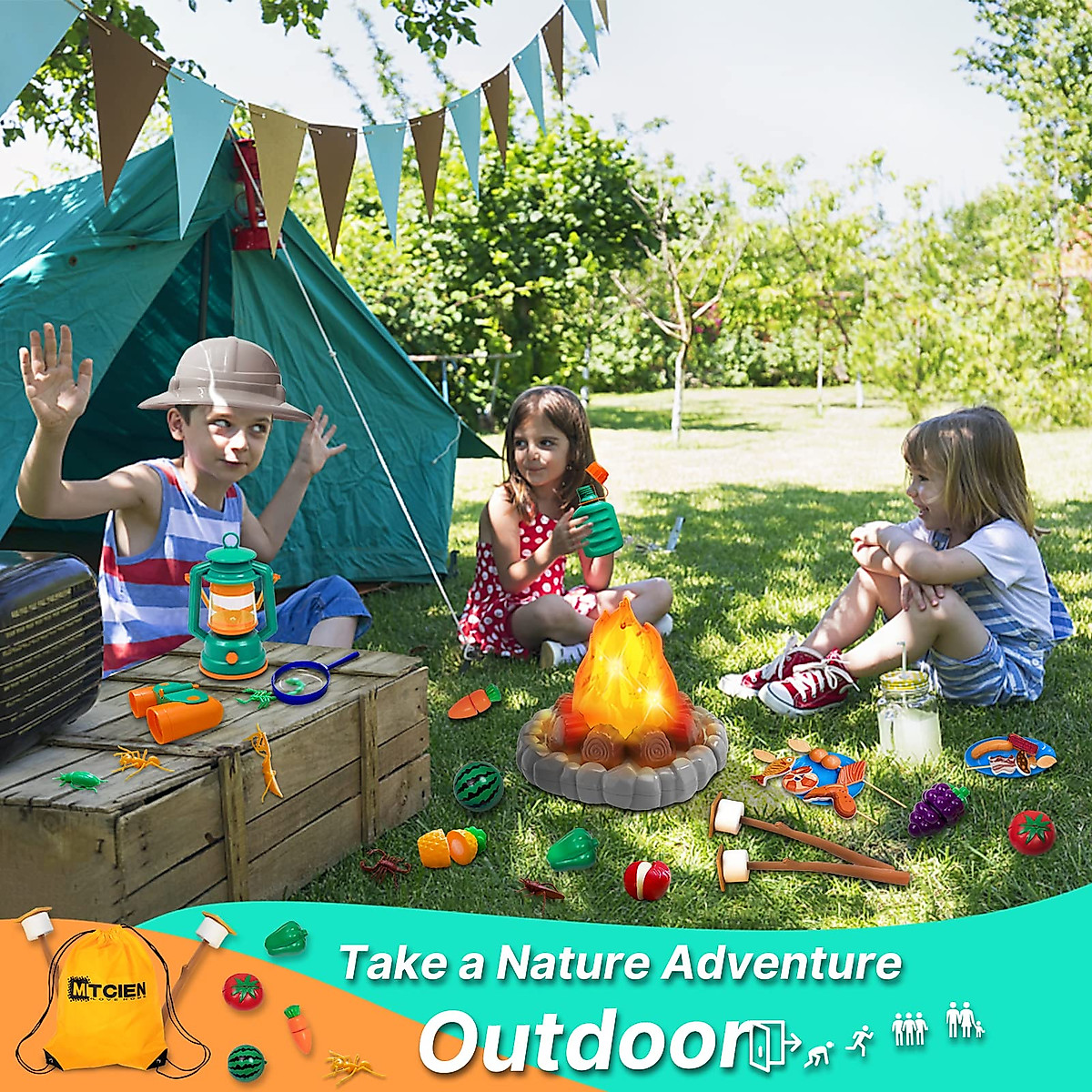 MITCIEN Camping Toys for Kids, Pretend Campfire, Lantern, Safari Hat, Binoculars, Bottle, Toy Food, S'Mores, Toddler Camping Play Set Indoor Outdoor Toys for Kids 3-5 and Up, Boys Girls Gift