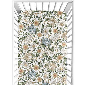 Sweet Jojo Designs Vintage Floral Blue Yellow Girl Fitted Crib Sheet Baby or Toddler Bed Nursery - Slate Green Gold Orange Taupe Beige Shabby Chic Rose Flower Boho Bohemian Farmhouse Roses Wildflower