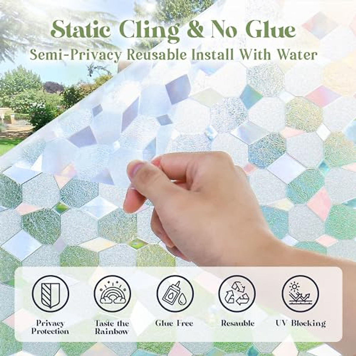 Waovacy Window Privacy Film Stained Glass Door Window Covering Decorative Window Clings Static Cling No Adhesive 3D Frosted Window Cover UV Sun Blocking Vinyl Window Sticker for Home,17.4x78.7Inch