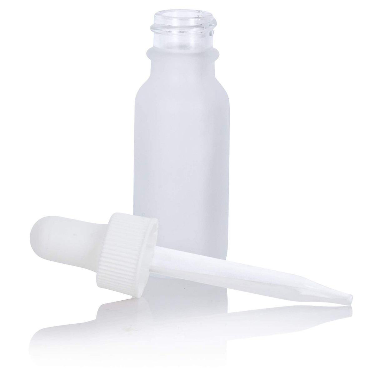 JUVITUS 0.5 oz / 15 ml Frosted Clear Glass Thick Wall Boston Round Bottle with White Dropper (24 Pack) + Funnel
