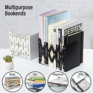 Expandable Bookend, Adjustable Metal Book End, Desk Magazine File Organizer Holder, Desk Organizer and Accessories for Office, Books, Papers, Extends up to 19 Inches (White)