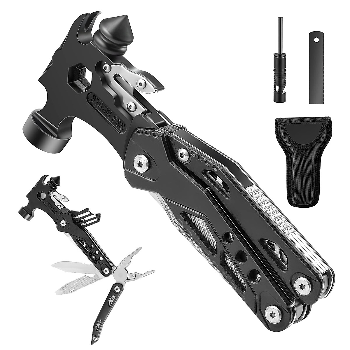 16 in 1 Multitool Hammer, 21 Tools Camping Accessories, Portable Survival Gear with Durable Sheath, 5-in-1 Function with Fire Starter, Gifts for Men